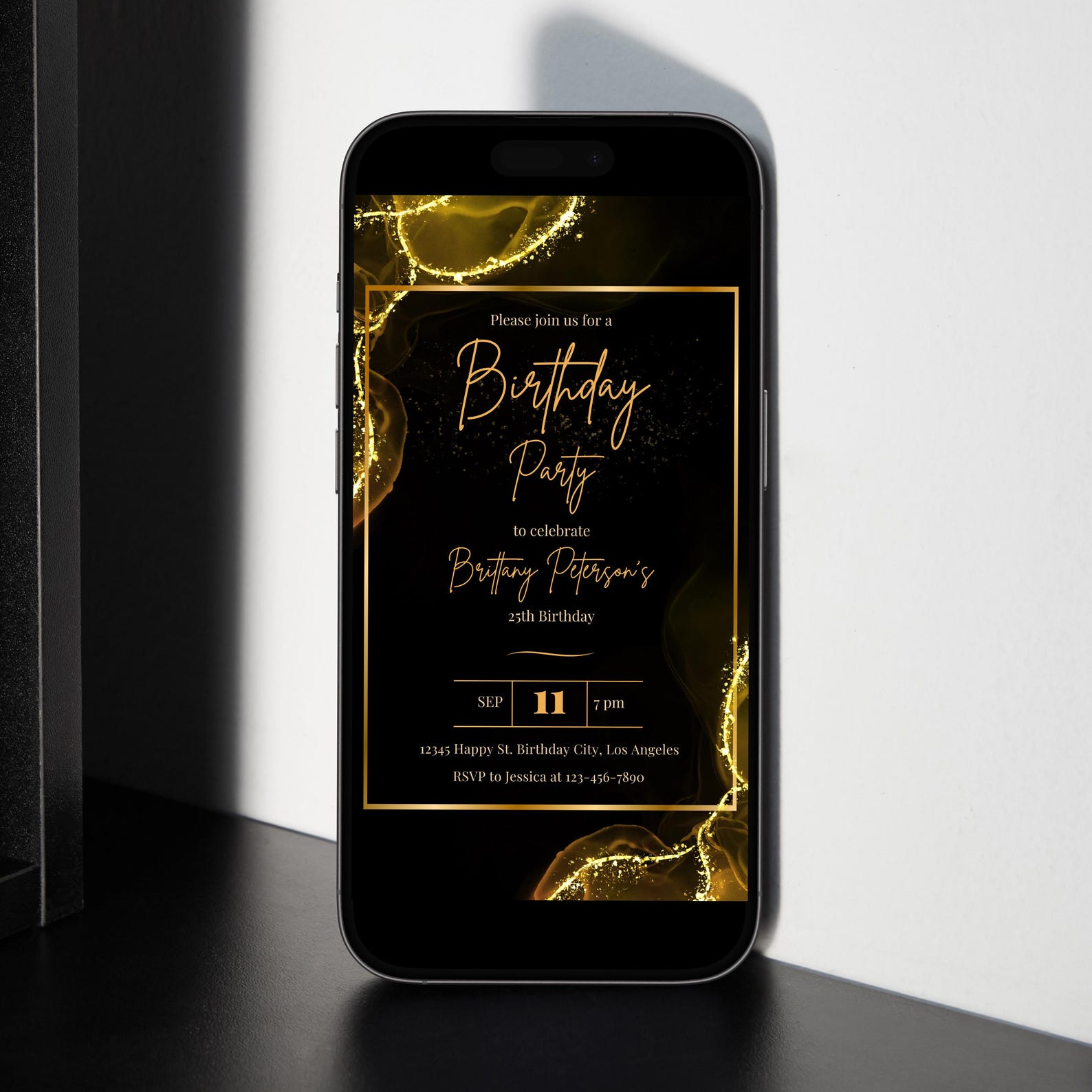 Editable Black and Gold Birthday Invitation, Printable Gold Glitter ...