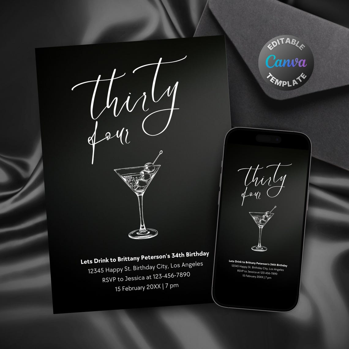 Editable Black Martini Birthday Invitation, Printable All Black ...