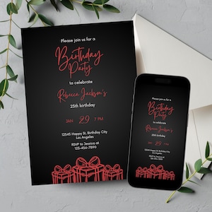 Editable Black and Ruby Red Birthday Invitation, Printable Luxury Black ...
