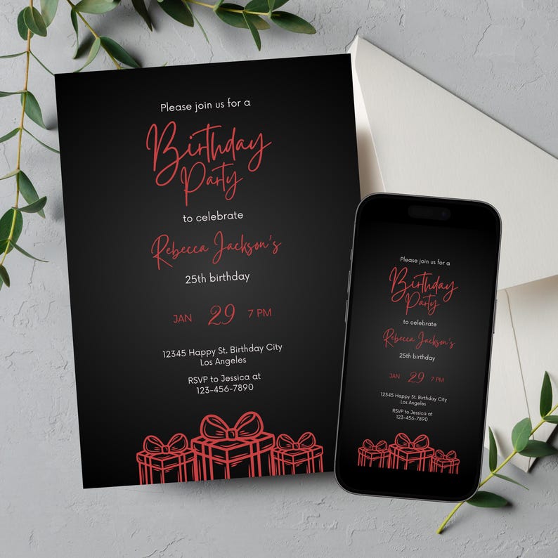 Editable Black and Ruby Red Birthday Invitation, Printable Luxury Black ...
