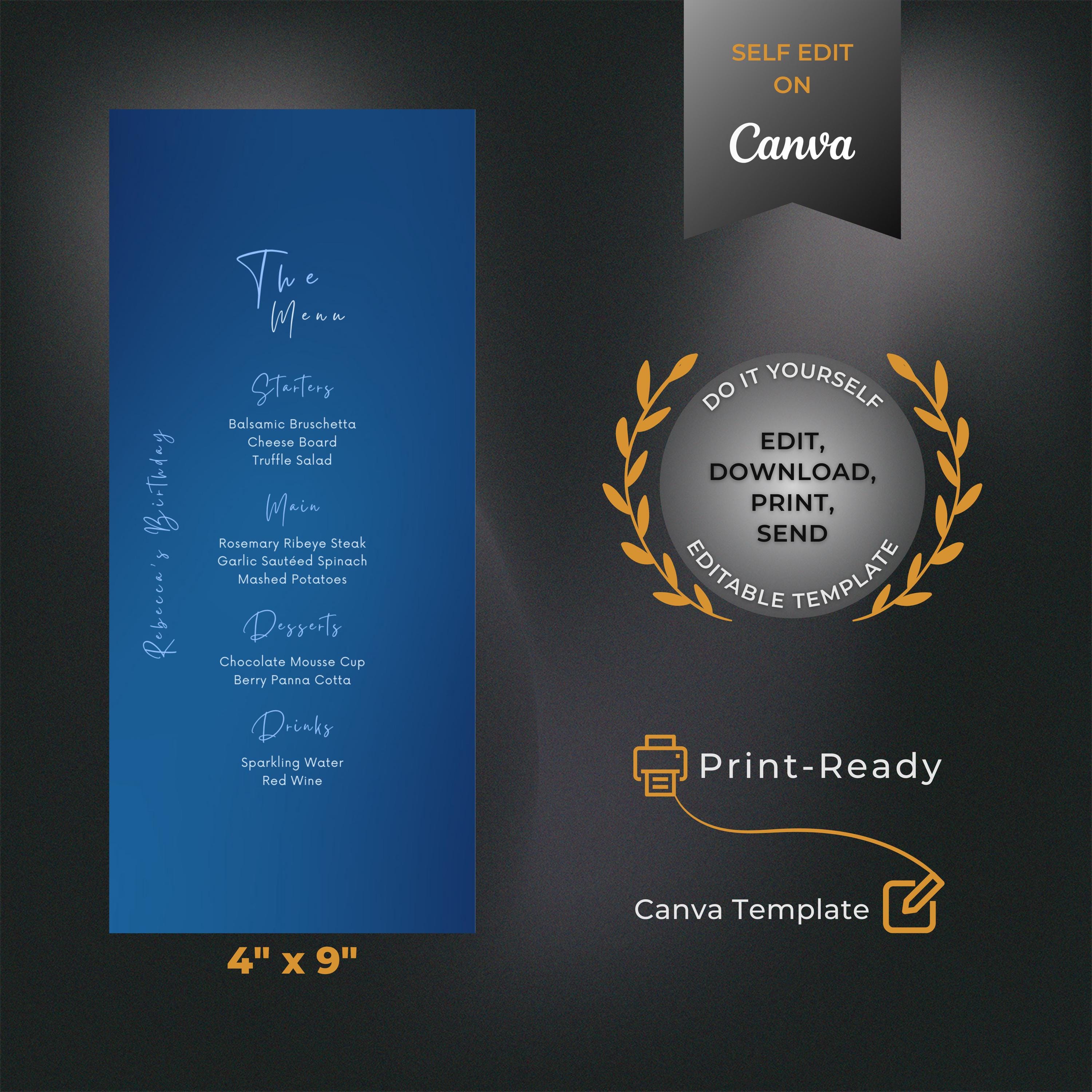 Editable Blue Menu, Printable All Blue Dinner Menu, Classy Blue ...
