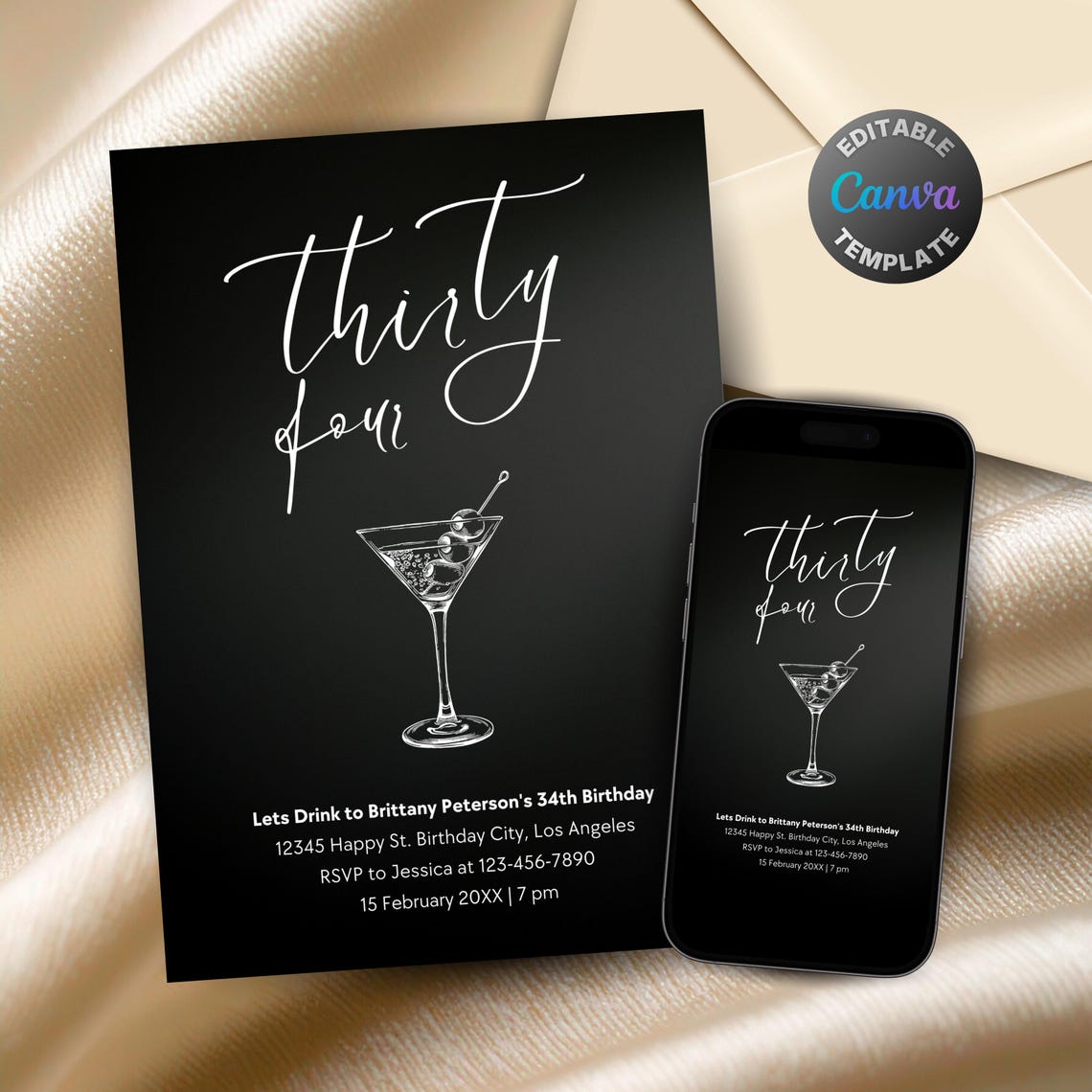 Editable Black Martini Birthday Invitation, Printable All Black ...