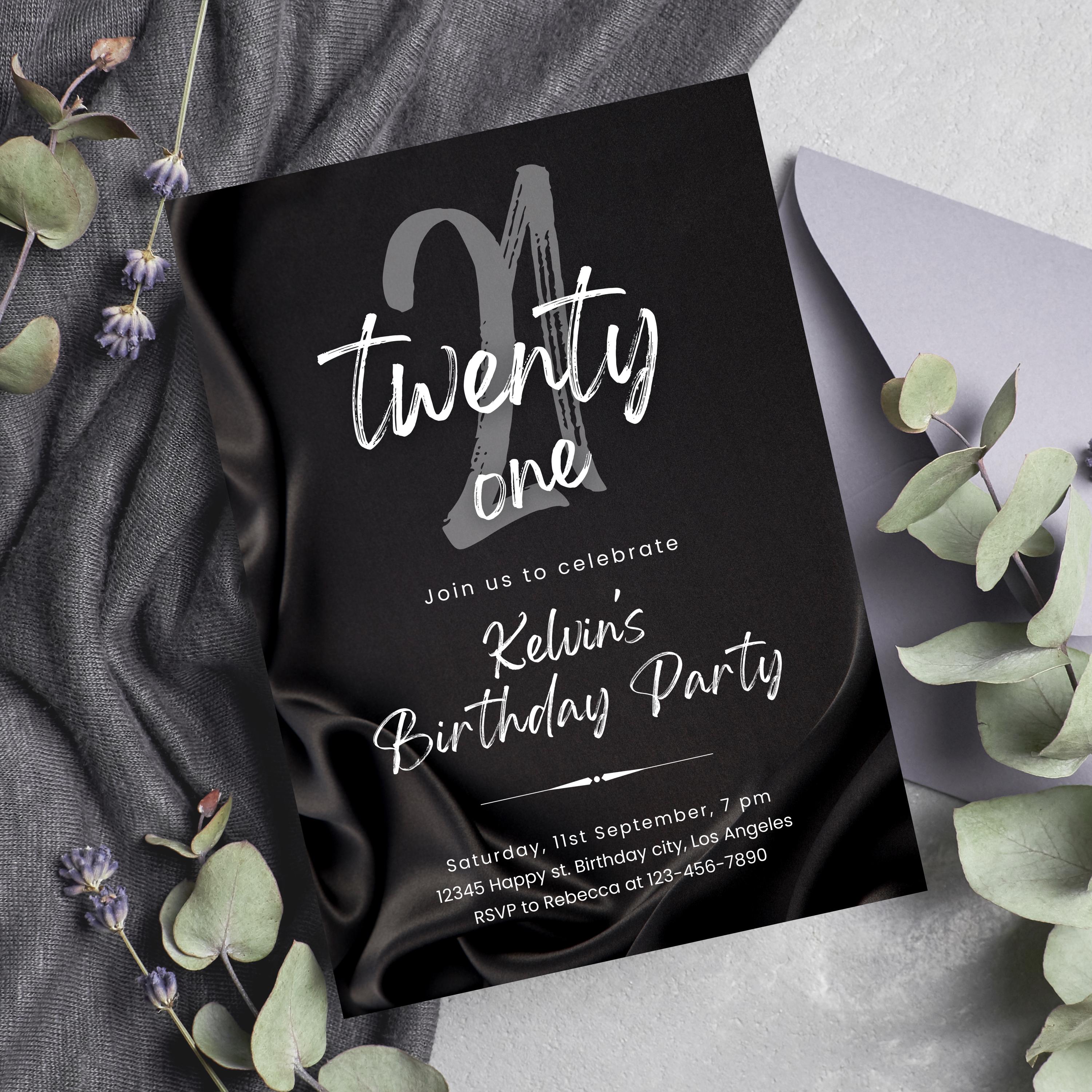 Editable Black and Silver Birthday Invitation, Printable Black and Gray ...