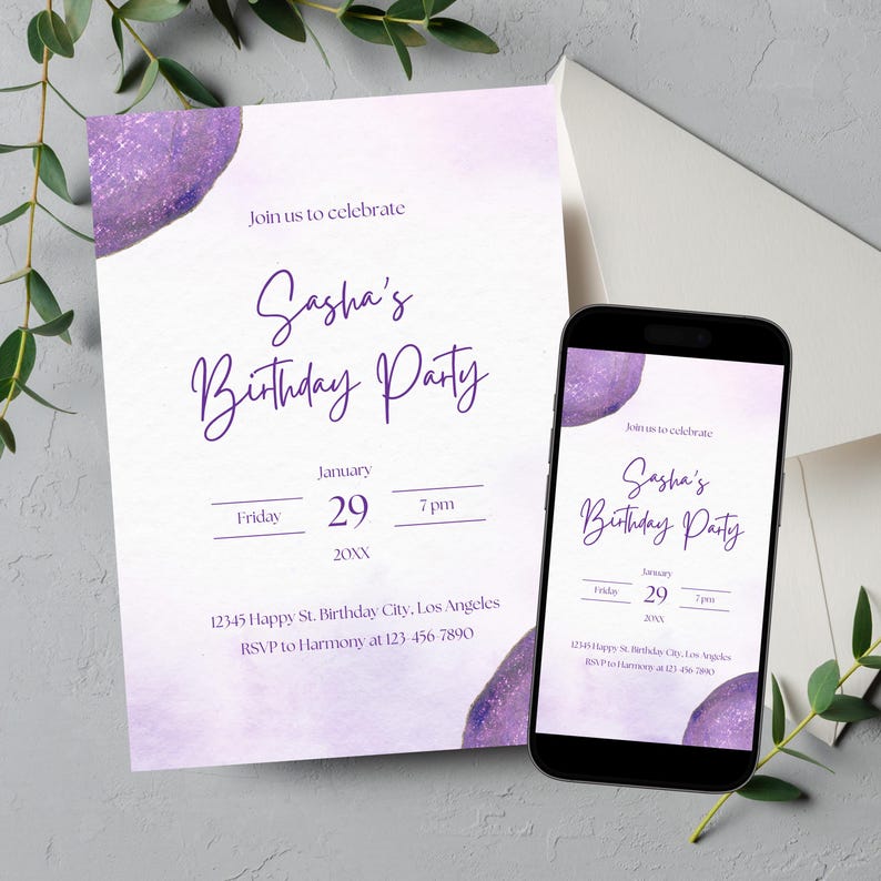 Editable Purple Birthday Invitation for Women, Printable All Purple ...
