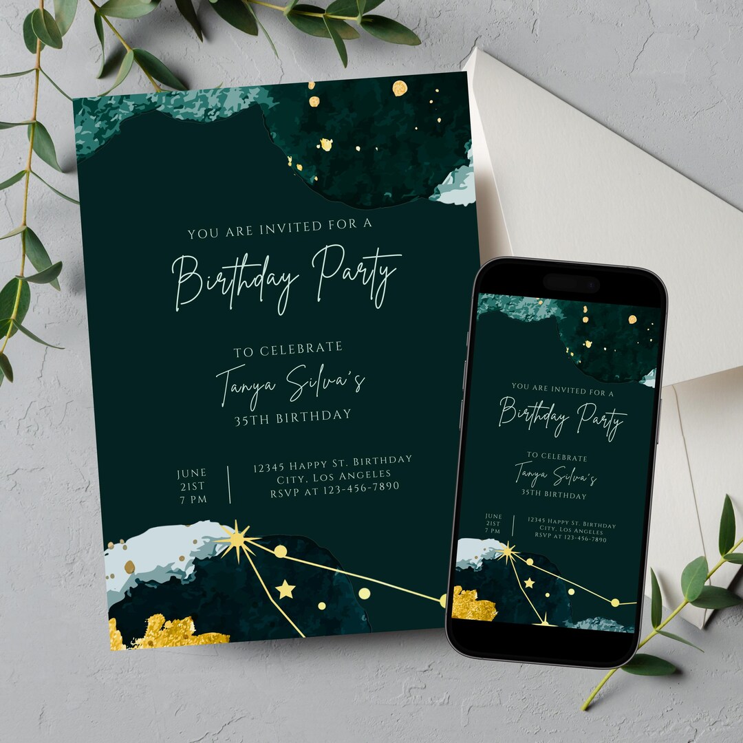 Editable Emerald Green Birthday Invitation for Women, Feminine Starry ...