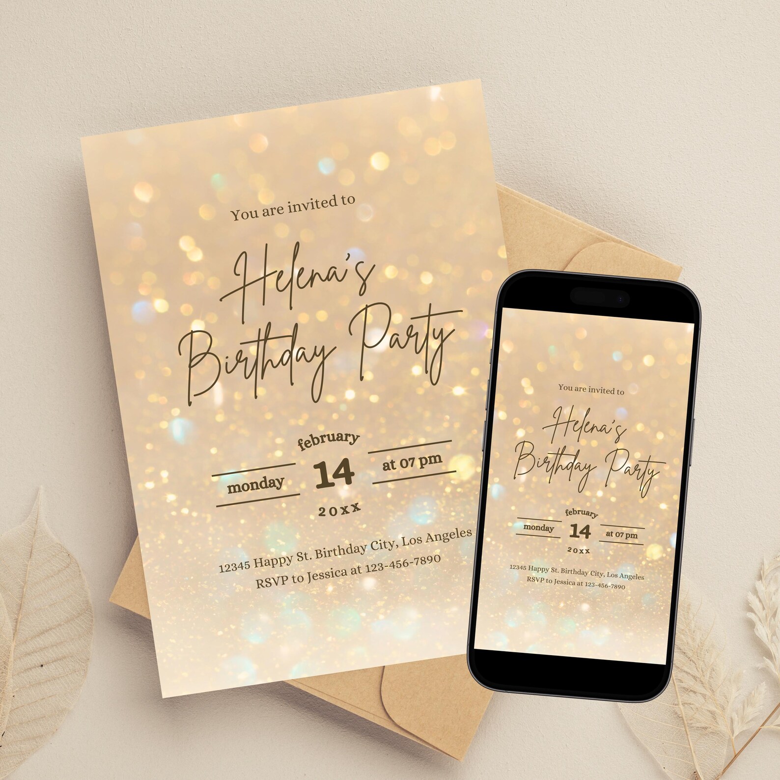 Editable All Gold Birthday Invitation for Women, Feminine Gold Glitter ...