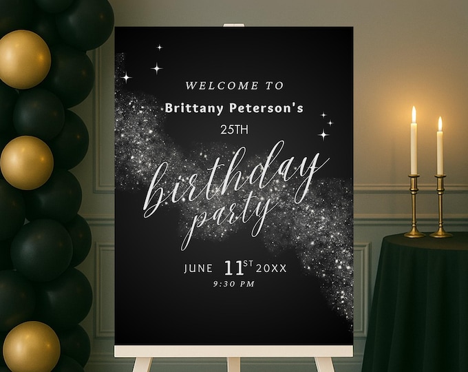 Editable Starry Night Welcome Sign, Printable Black and Silver Birthday ...