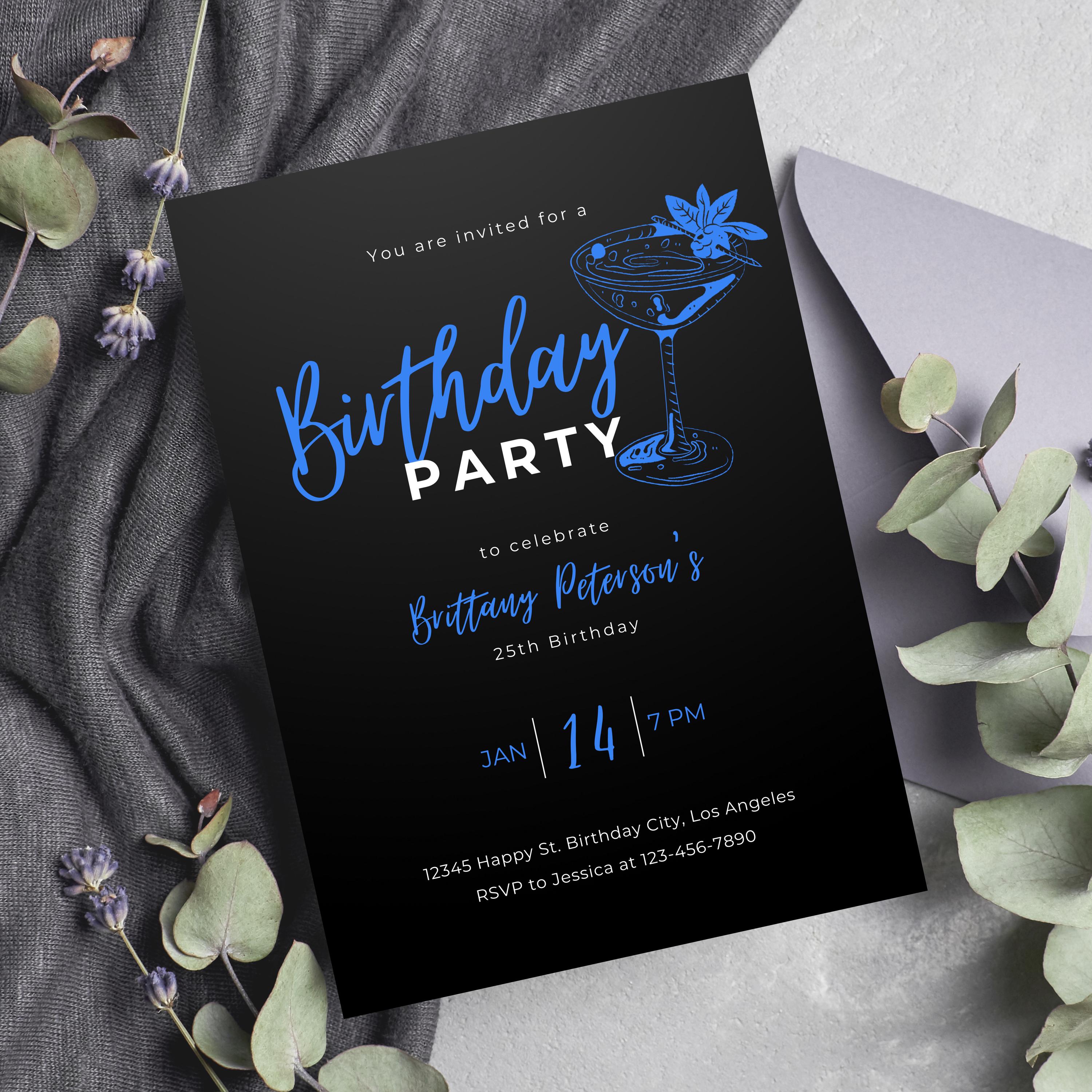 Editable Blue Cocktail Glass Birthday Invitation, Printable Black and ...