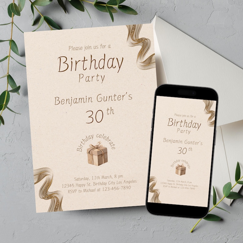 Editable Beige Birthday Invitation, Printable Brown Beige Birthday ...
