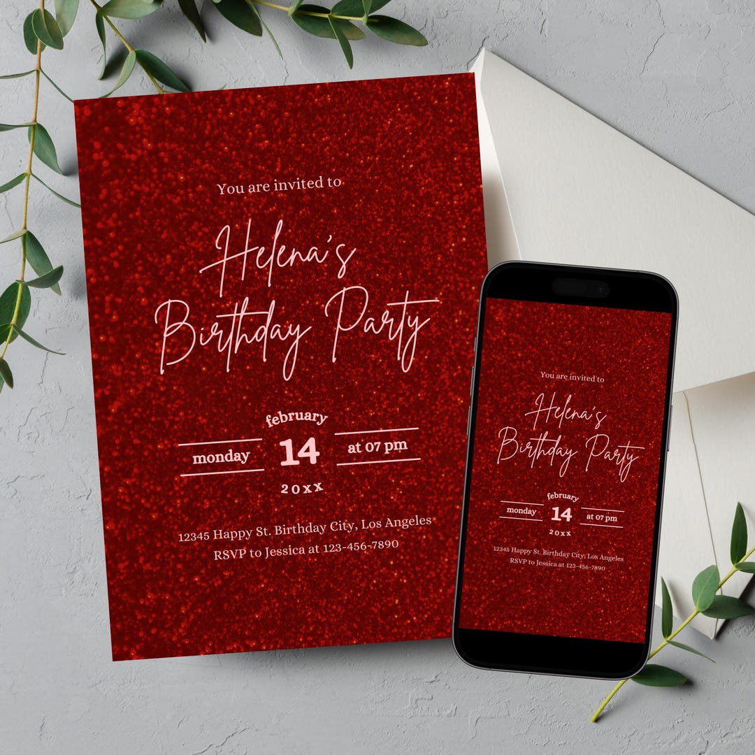Editable All Red Birthday Invitation for Women, Feminine Ruby Red ...