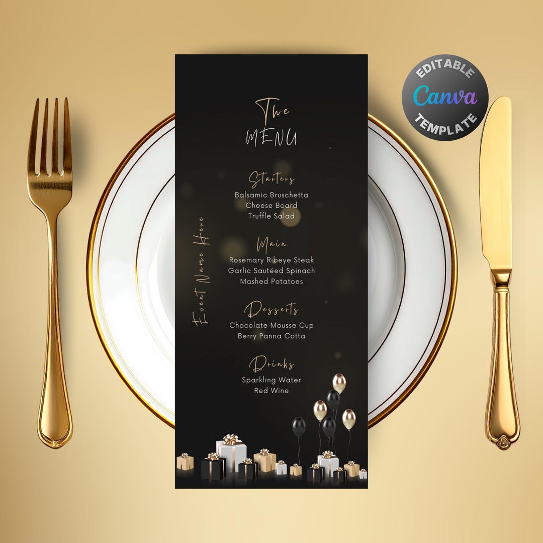 Editable Black Gold Menu, Printable Gold Sparkle Dinner Menu, Classy ...