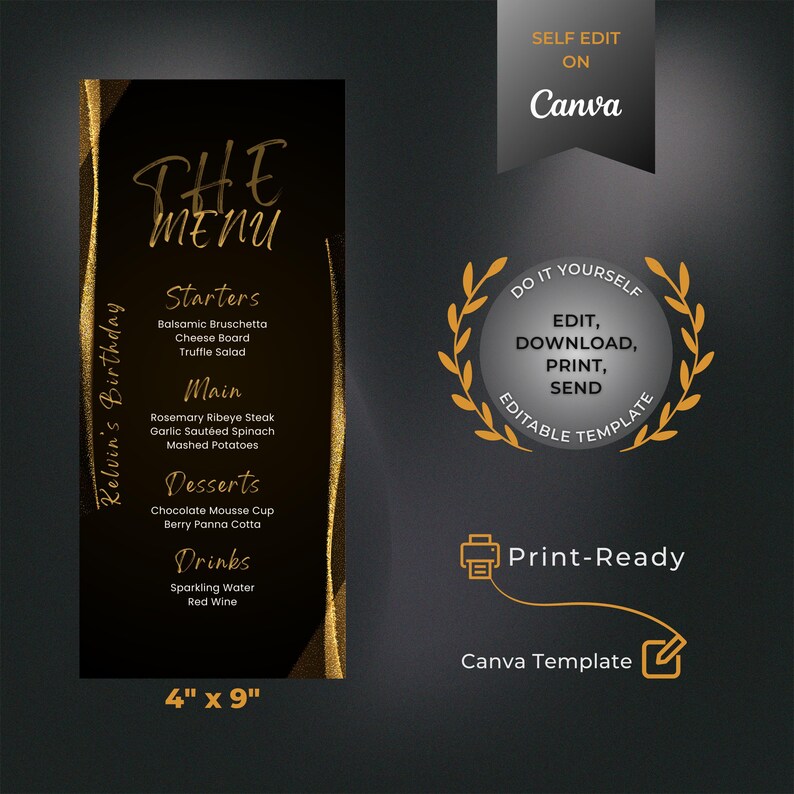 Editable Black and Gold Menu, Printable Gold Black Dinner Menu, Classy ...