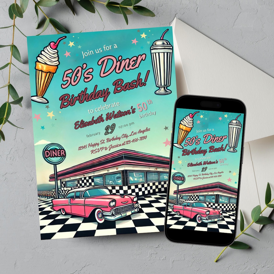 50's Diner Birthday Invitation, Retro Birthday Party Invite, Vintage Diner Party Template ...