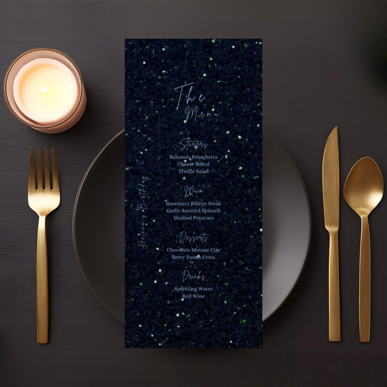 Editable Midnight Blue Menu, Printable Blue Glitter Dinner Menu, Classy ...