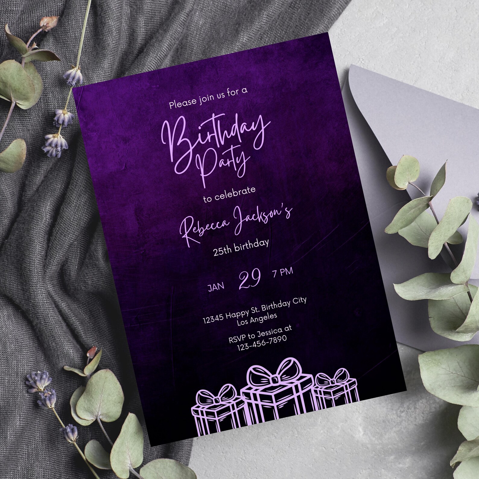 Editable Purple Birthday Invitation, Printable Amethyst Purple Birthday ...