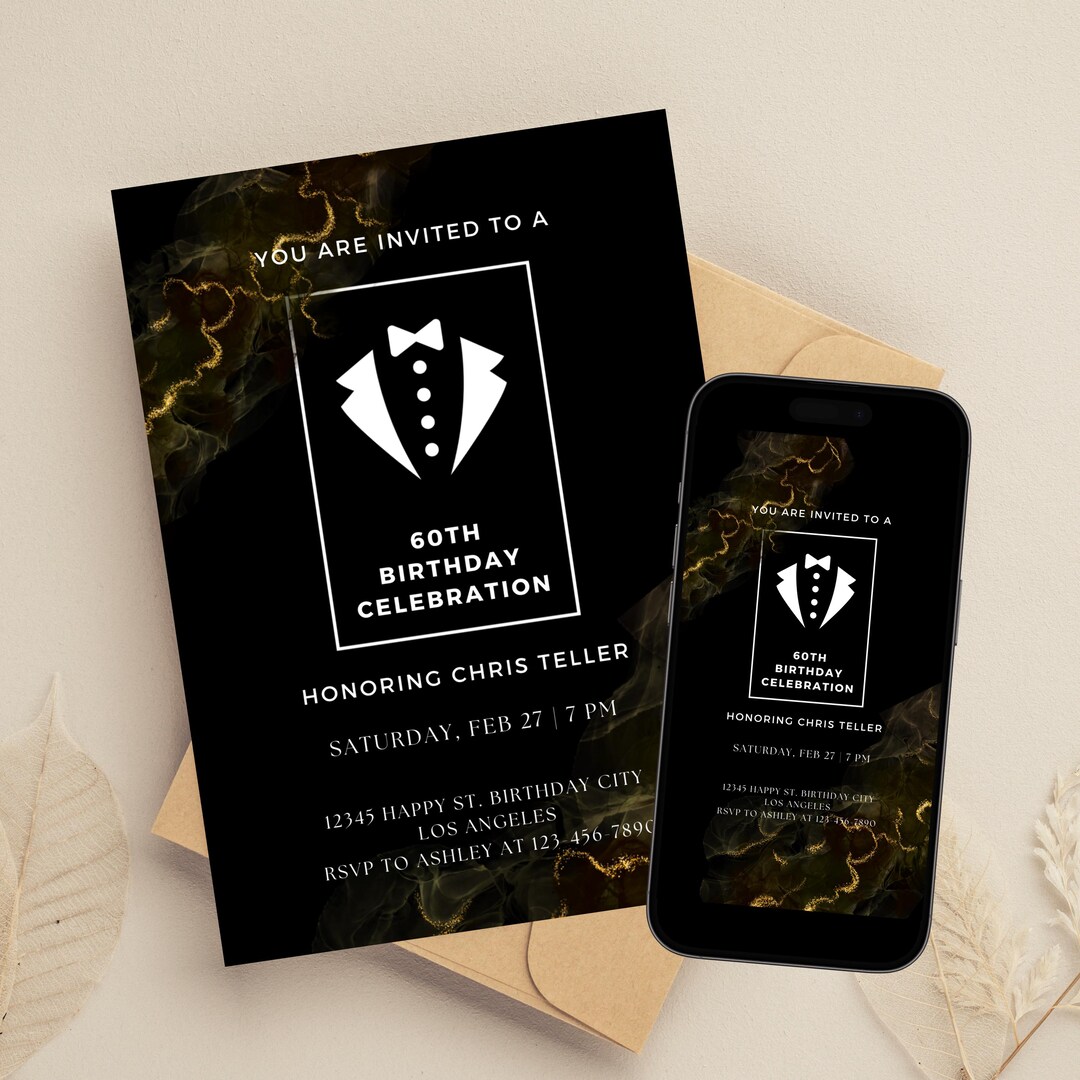 Editable Black Tuxedo Birthday Invitation for Men, Printable Gold Smoke ...