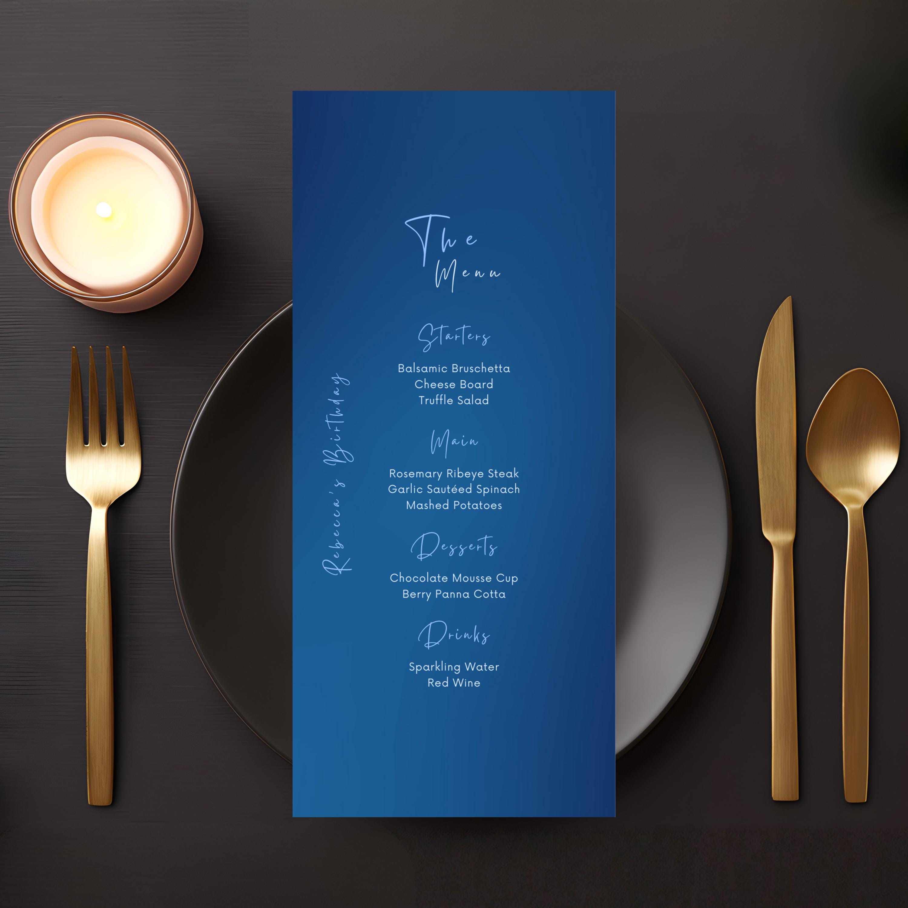 Editable Blue Menu, Printable All Blue Dinner Menu, Classy Blue ...
