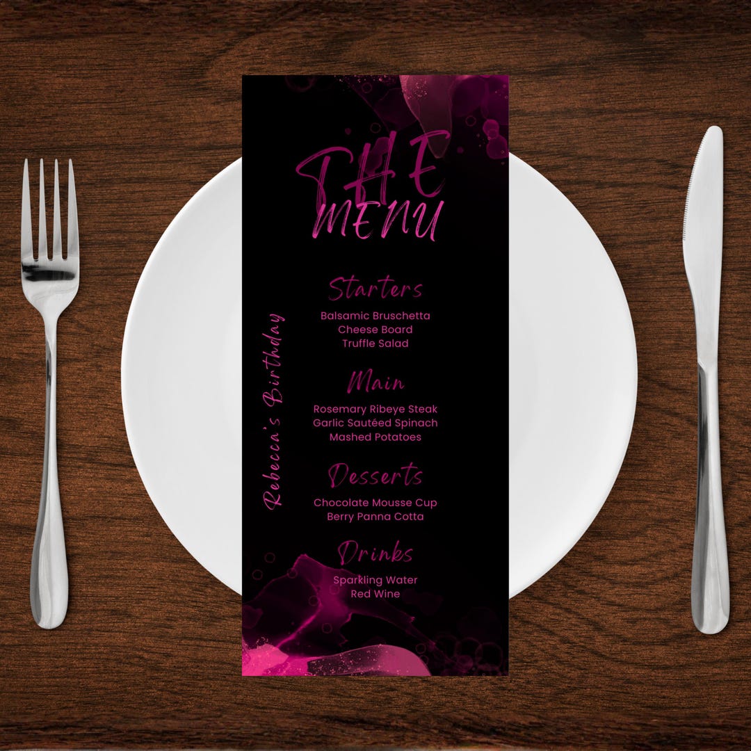 Editable Purple and Black Menu, Printable Hot Purple Dinner Menu ...