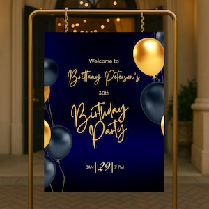 Editable Blue and Gold Birthday Welcome Sign for Men, Printable Navy ...