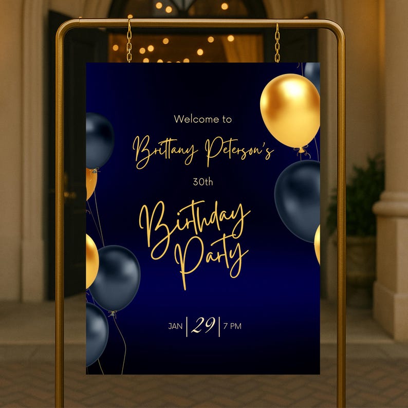 Editable Blue and Gold Birthday Welcome Sign for Men, Printable Navy ...