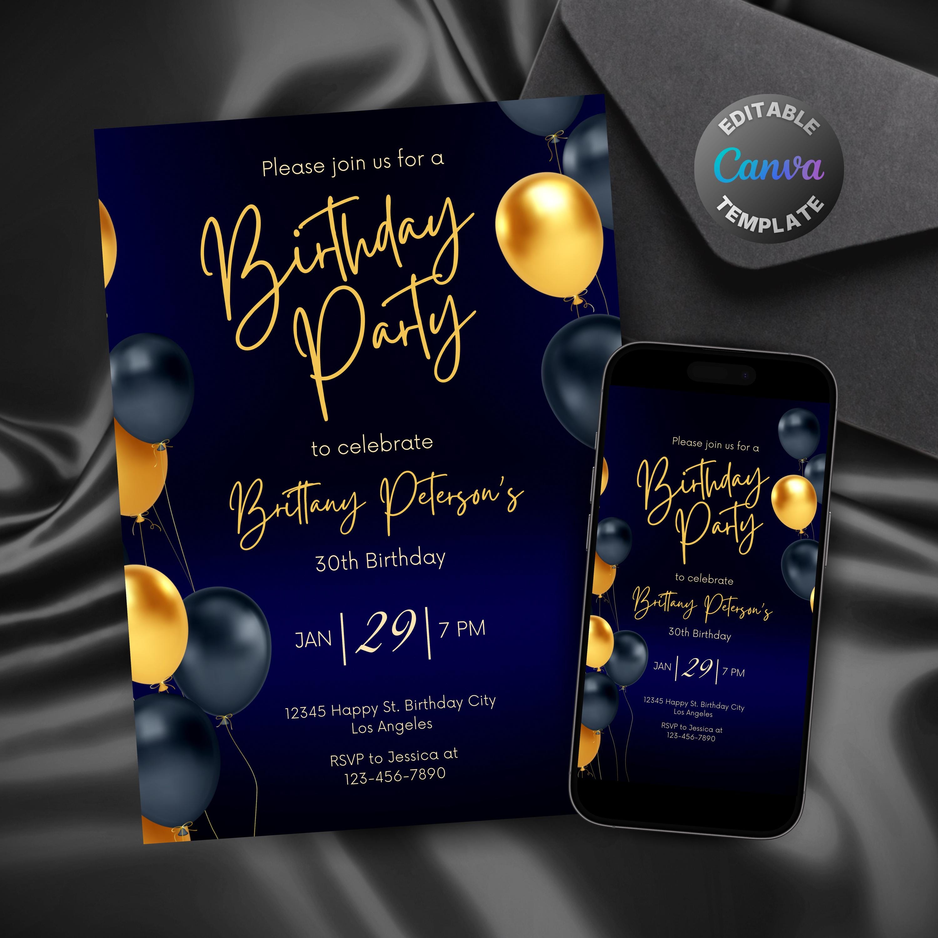 Editable Blue and Gold Birthday Invitation for Men, Printable Navy Blue ...
