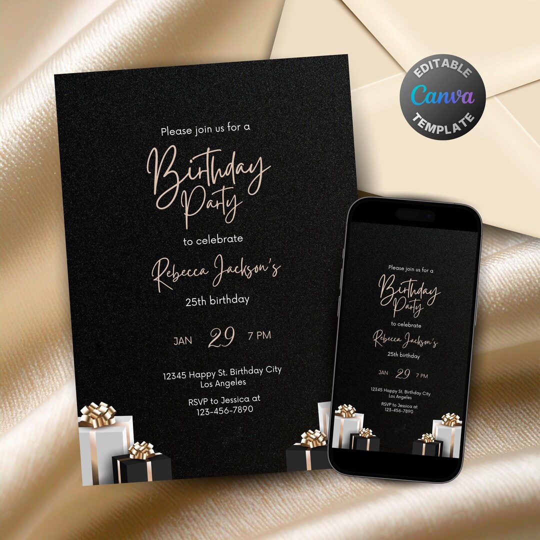 Editable Black and Beige Birthday Invitation, Printable Luxury Black ...