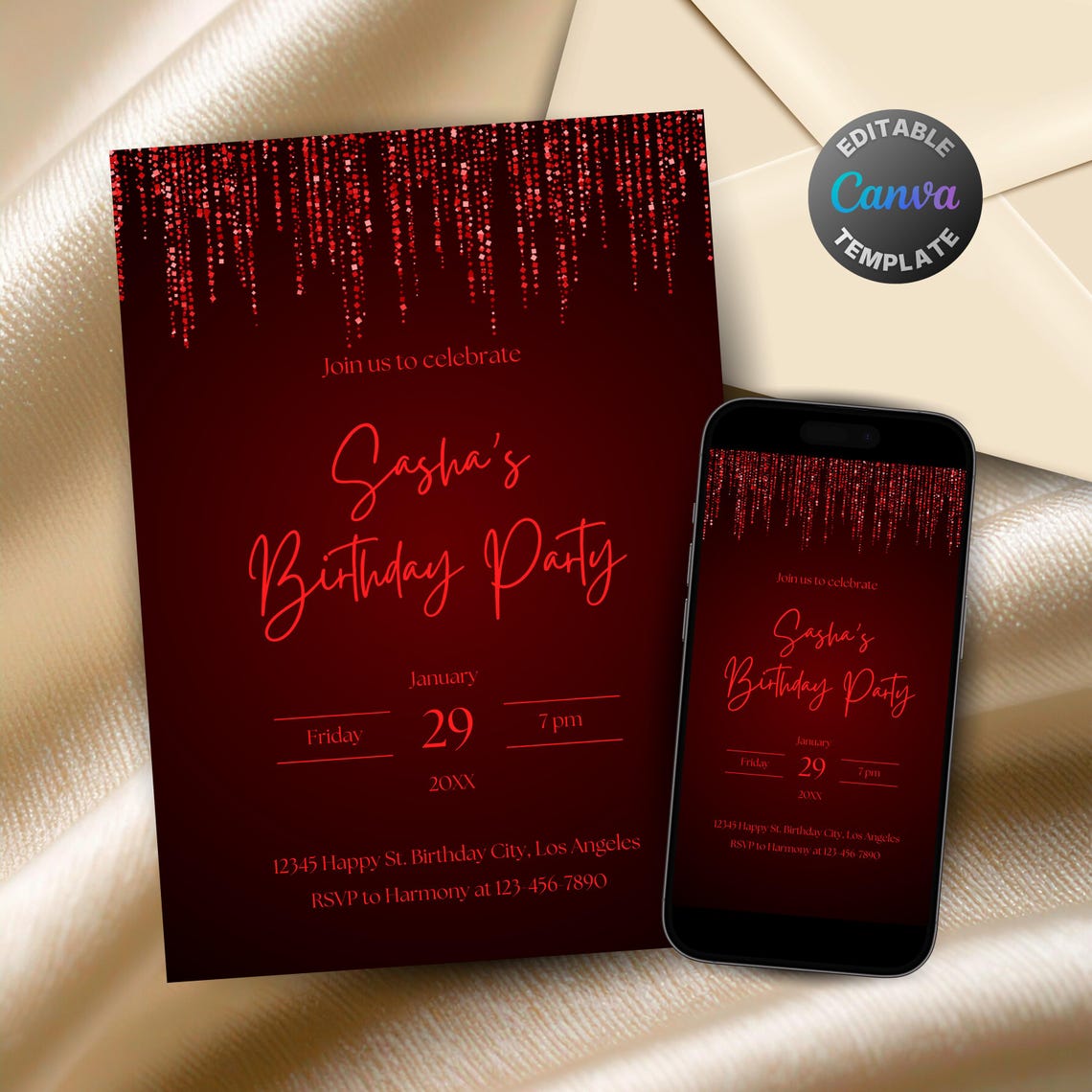 Editable Red Birthday Invitation for Women, Printable Hot Red Birthday ...