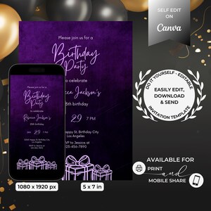 Editable Purple Birthday Invitation, Printable Amethyst Purple Birthday ...