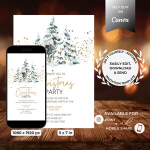 Editable Christmas Invitation Template Elegant Snowy Gold Tree Holiday ...