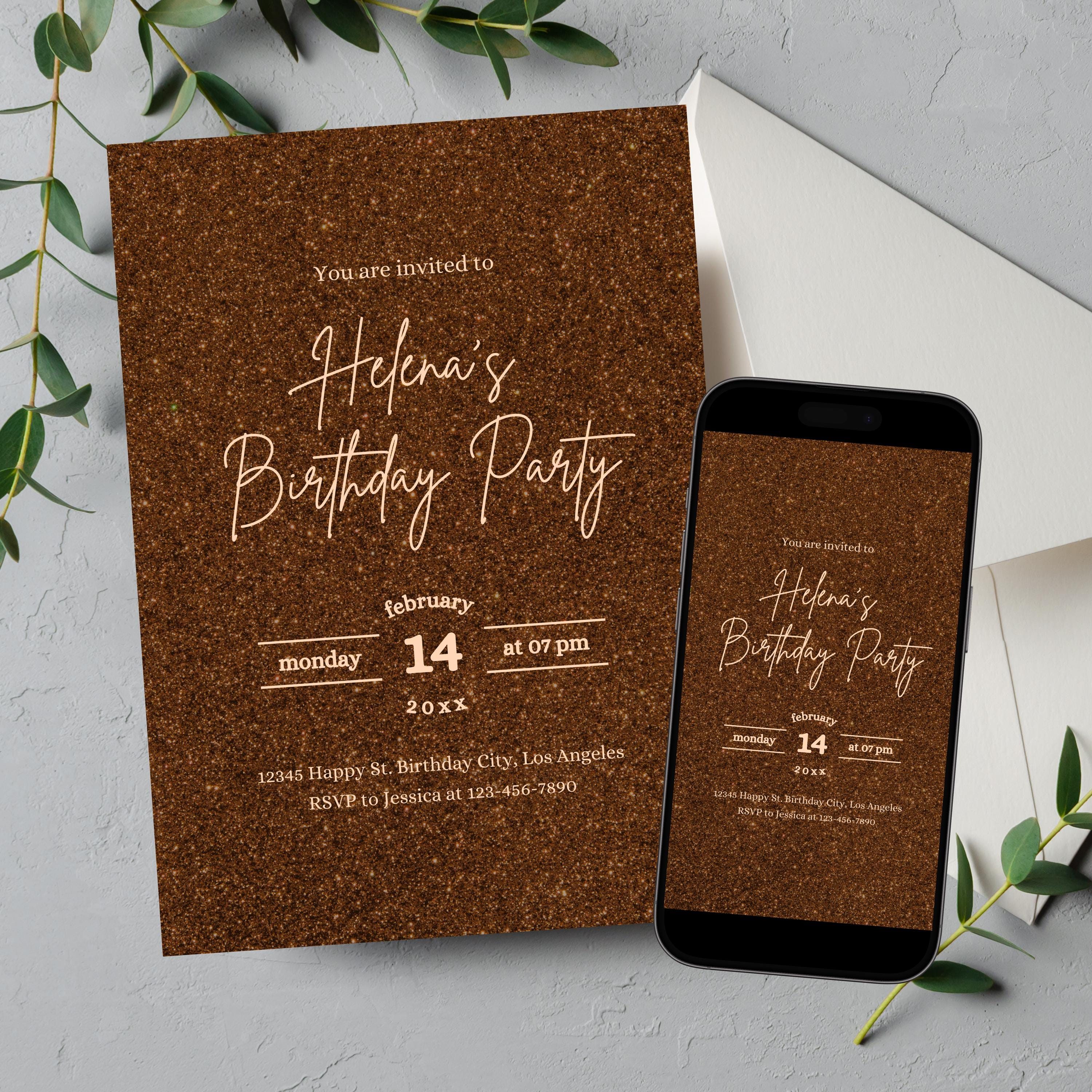 Editable All Brown Birthday Invitation for Women, Feminine Copper ...