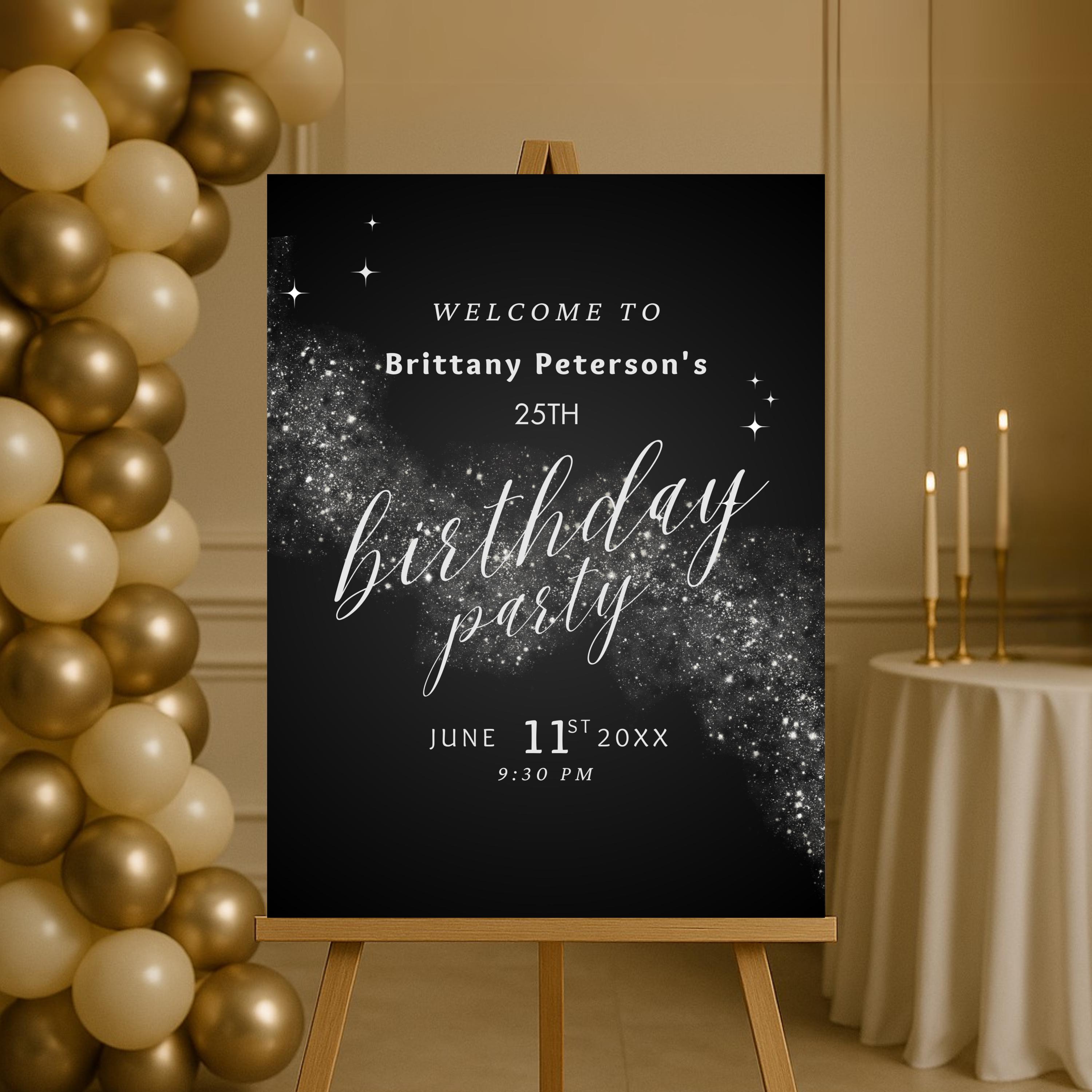 Editable Starry Night Welcome Sign, Printable Black and Silver Birthday ...