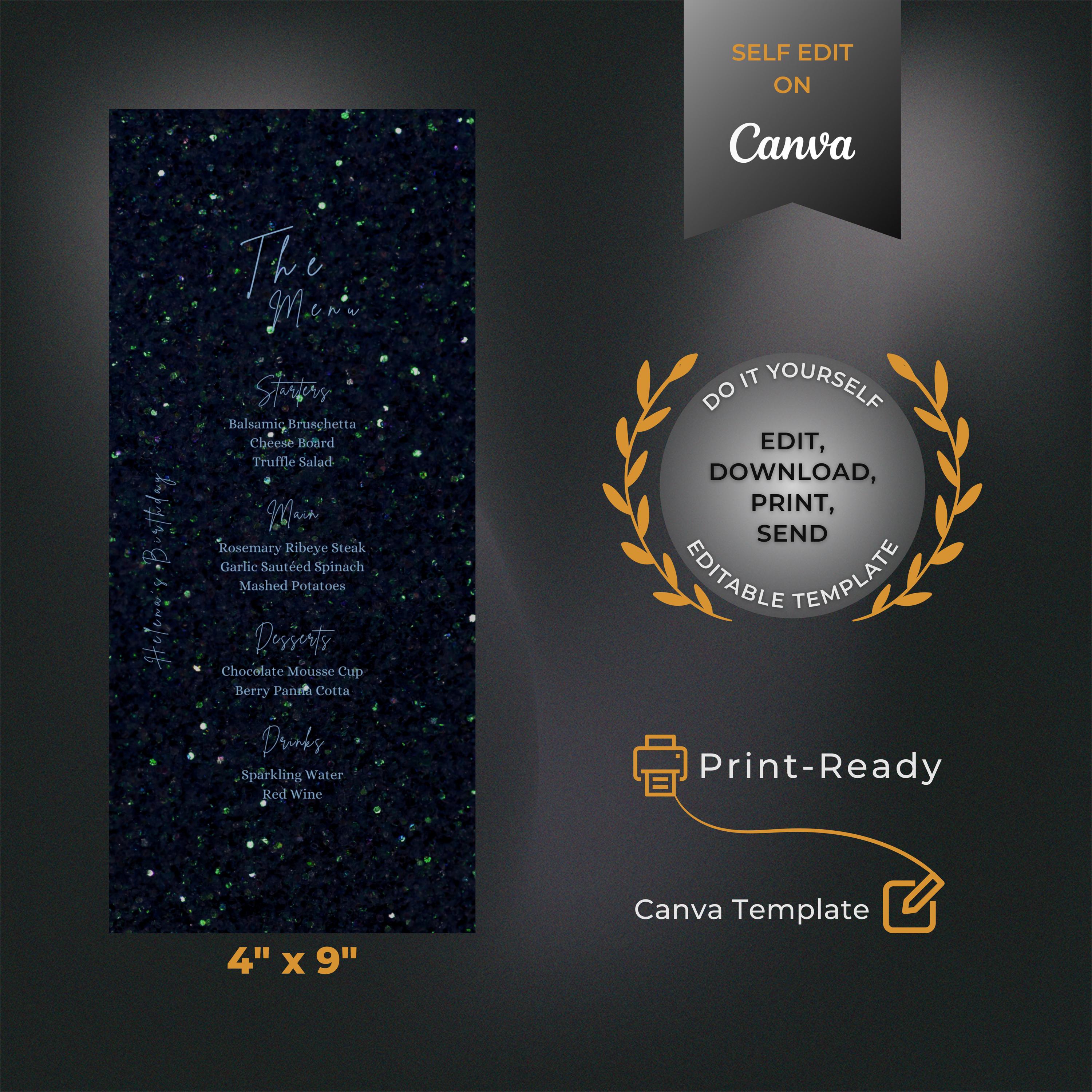 Editable Midnight Blue Menu, Printable Blue Glitter Dinner Menu, Classy ...