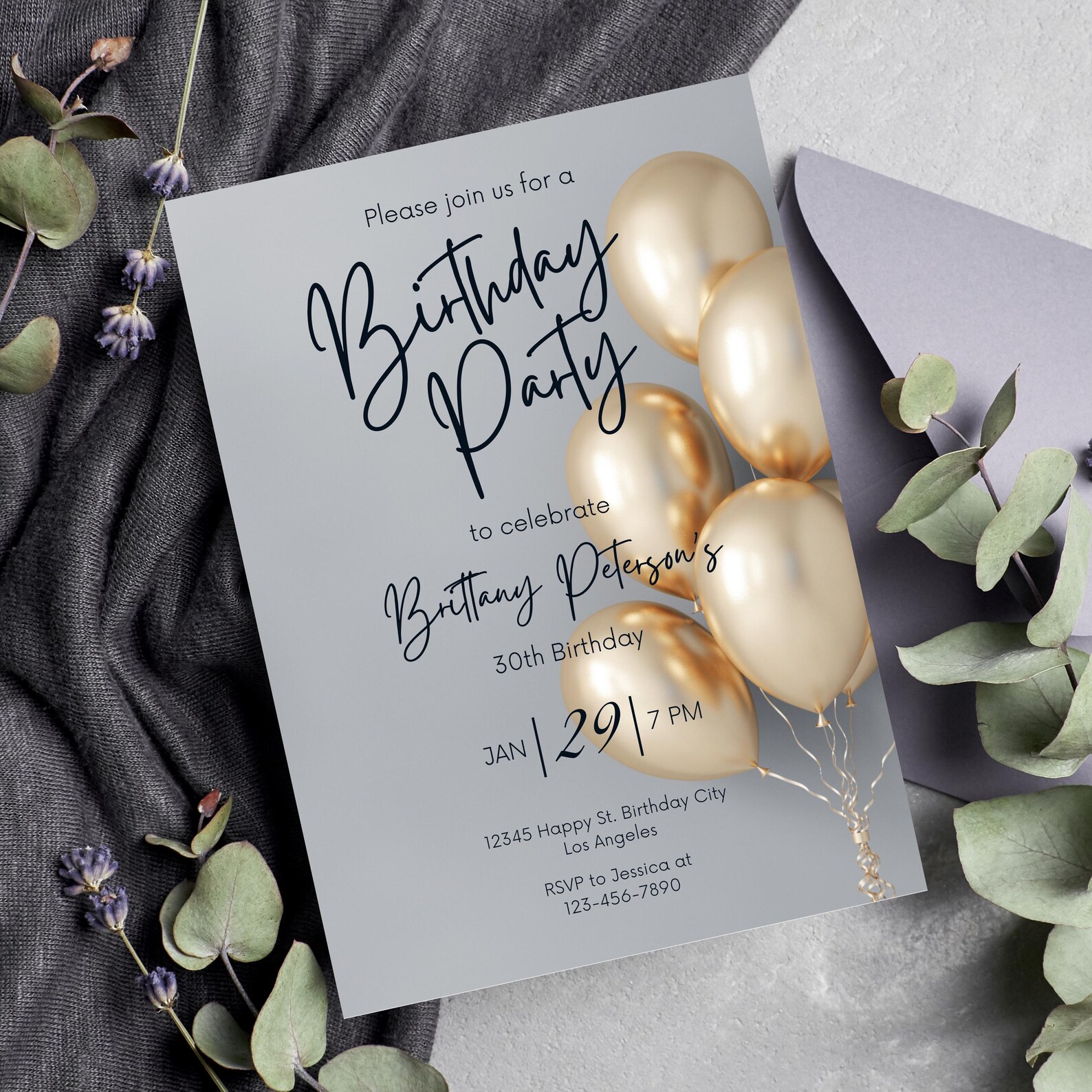 Editable Silver and Gold Birthday Invitation, Printable All Gray ...