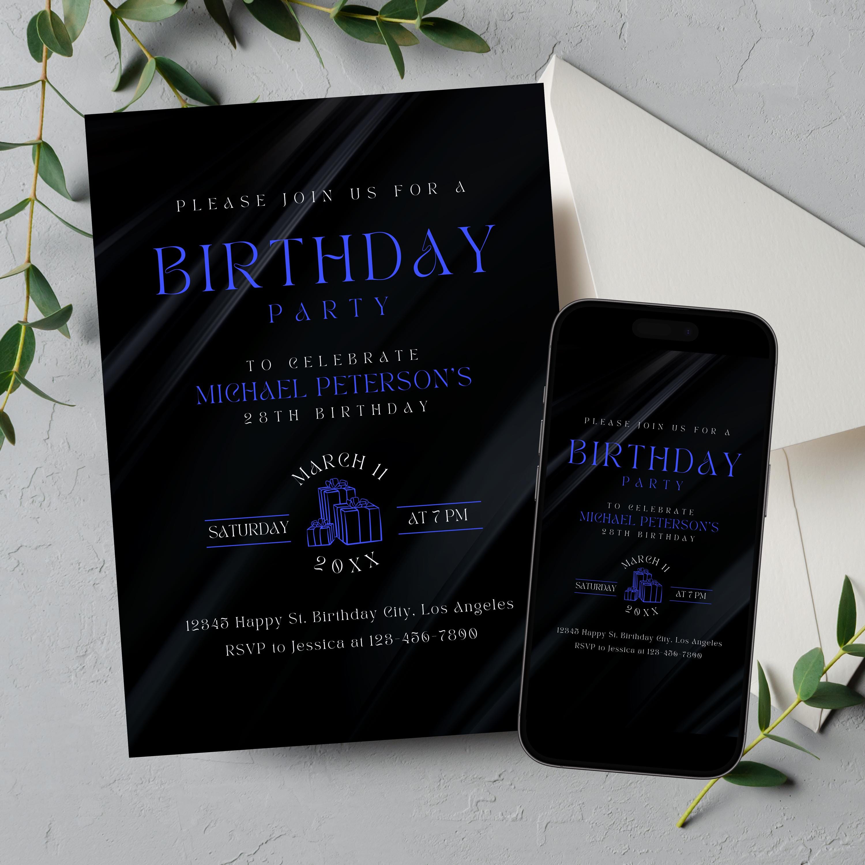 Editable Black and Blue Birthday Invitation for Men, Printable Luxury ...