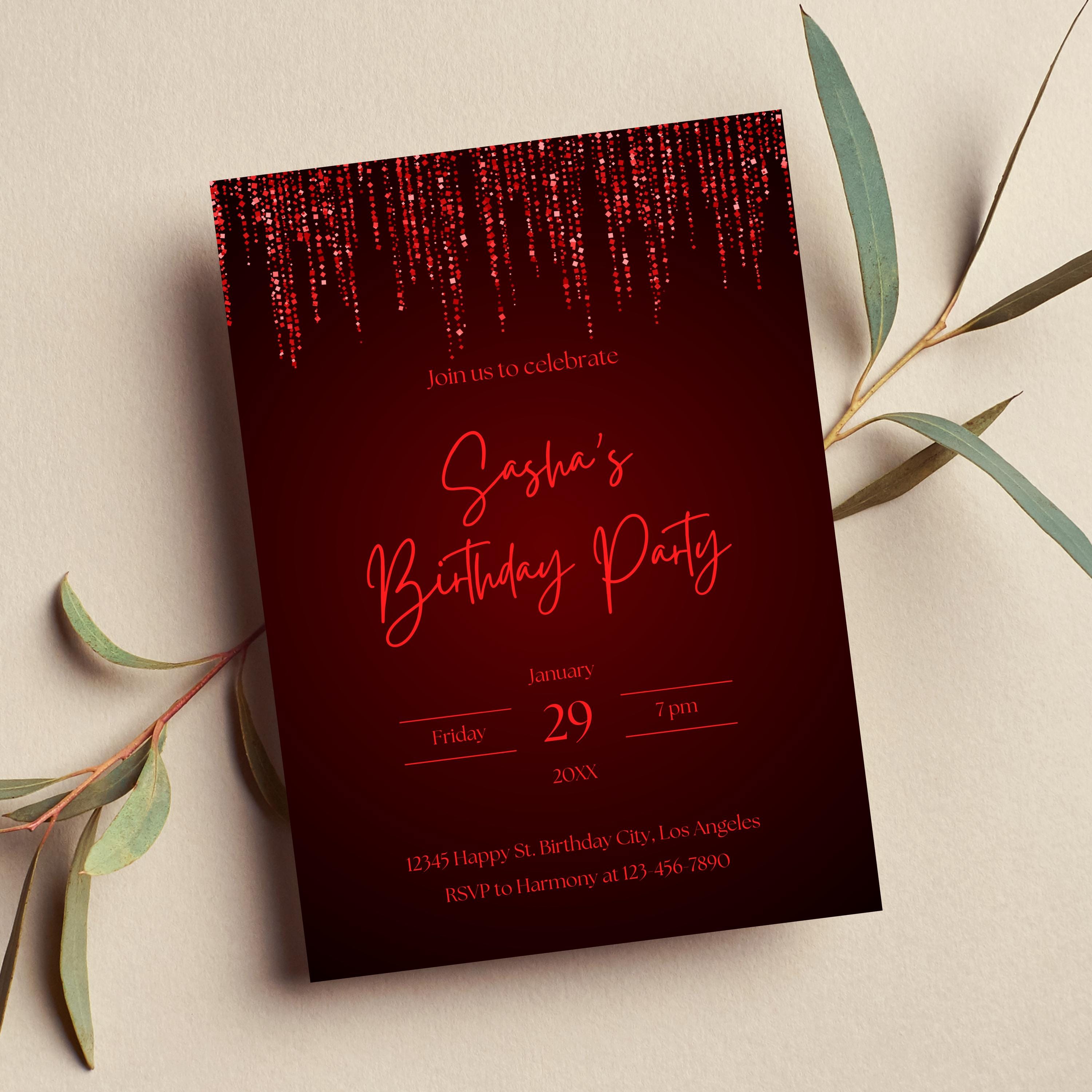Editable Red Birthday Invitation for Women, Printable Hot Red Birthday ...