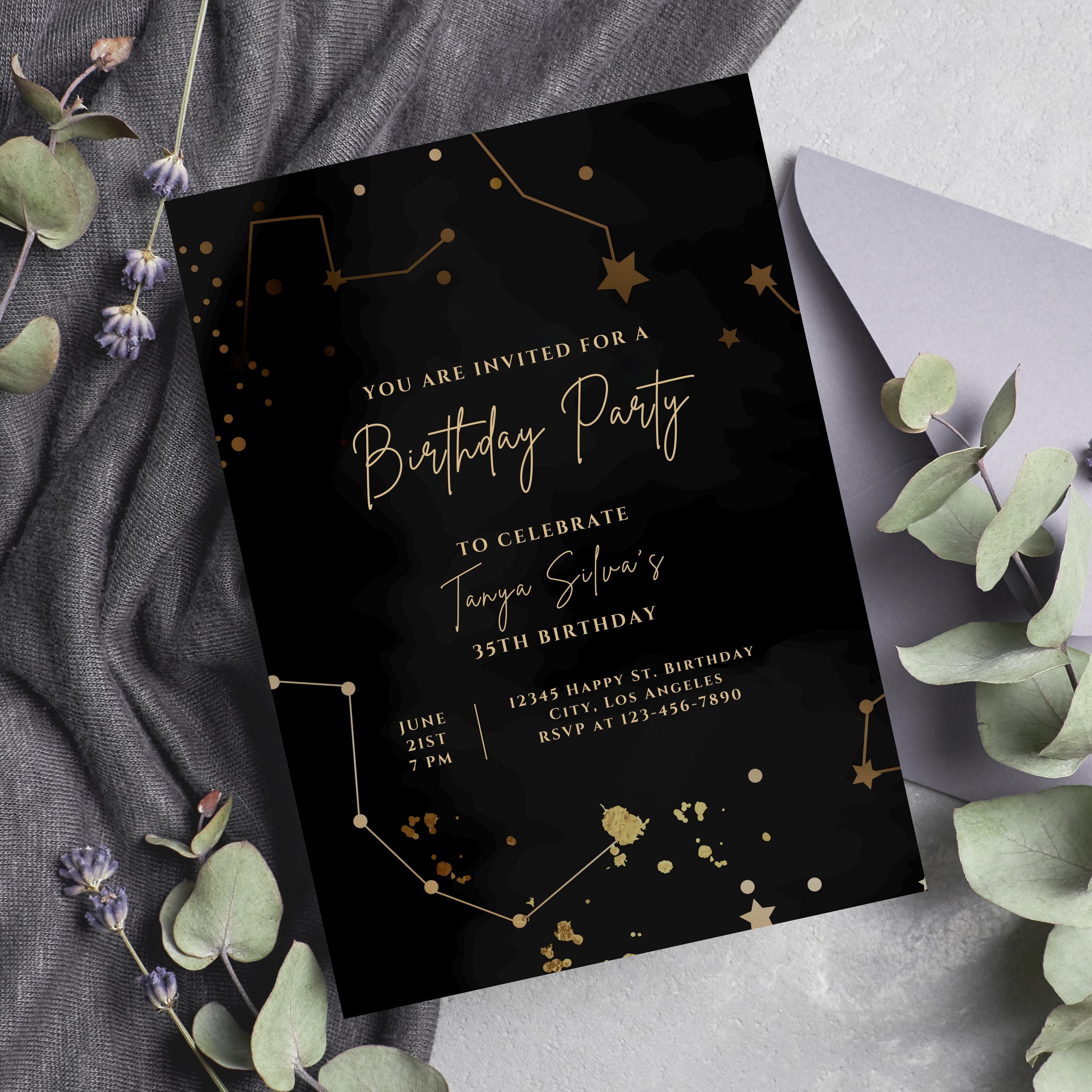 Editable Gold Celestial Stars Birthday Invitation for Women, Feminine ...