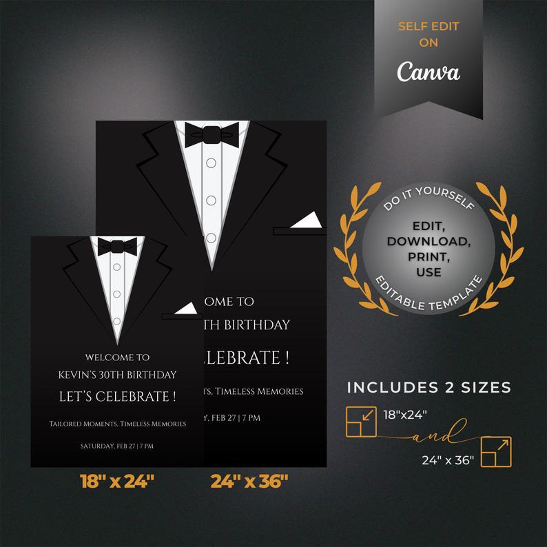 Editable Tuxedo Welcome Sign, Black and White Formal Party Welcome ...