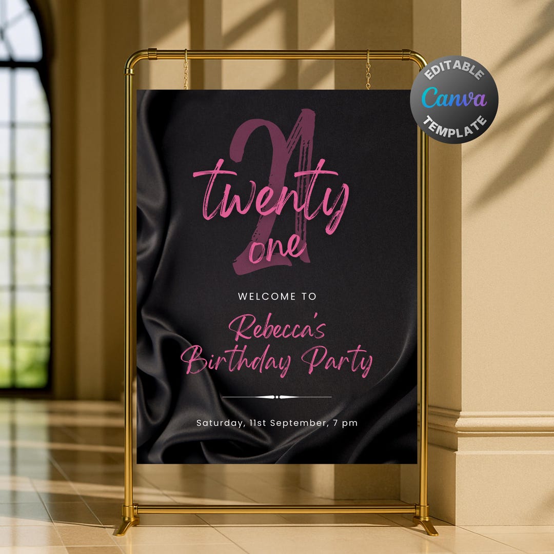 Editable Black and Pink Birthday Welcome Sign, Printable All Black ...