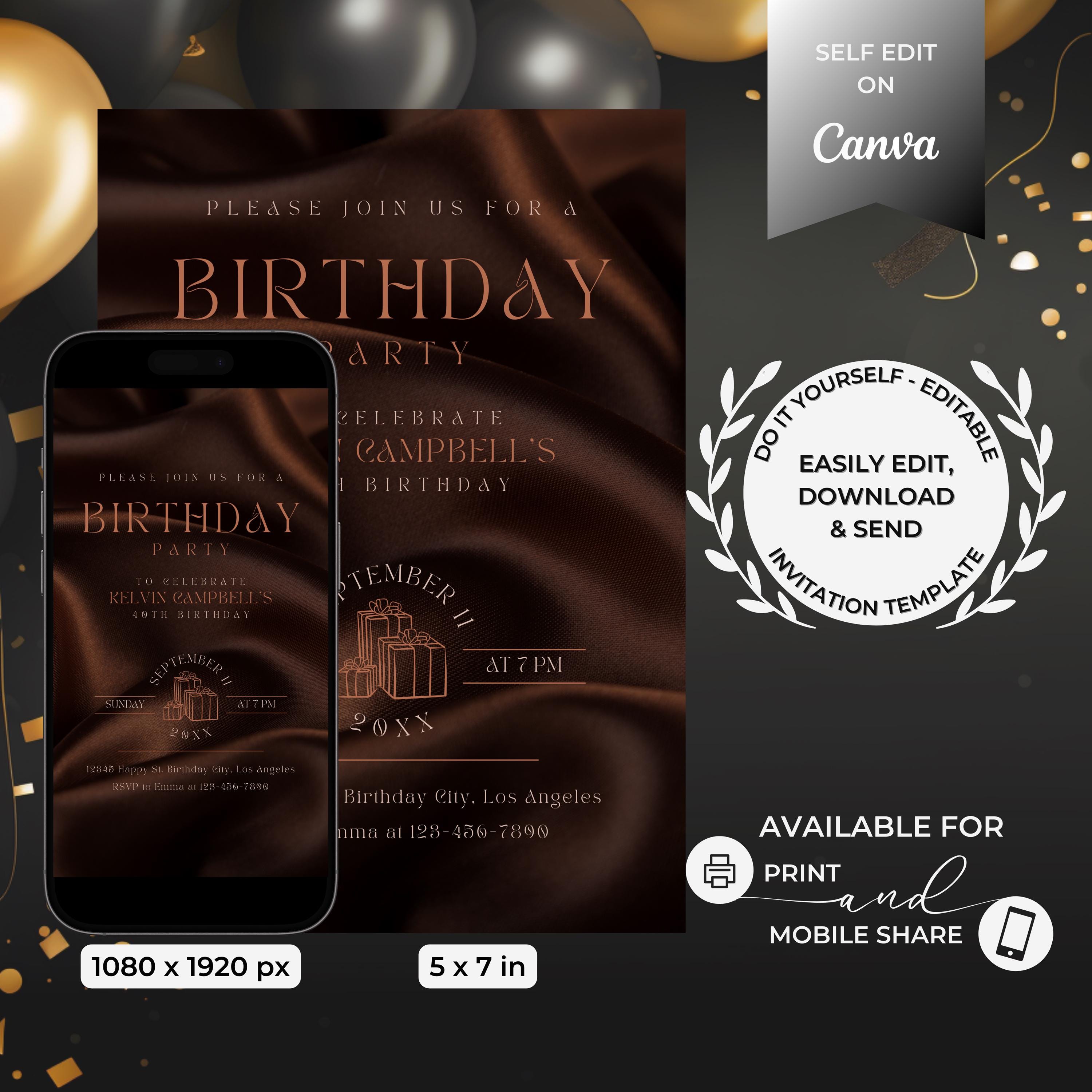 Editable Brown Birthday Invitation, Printable Chocolate Brown Birthday ...