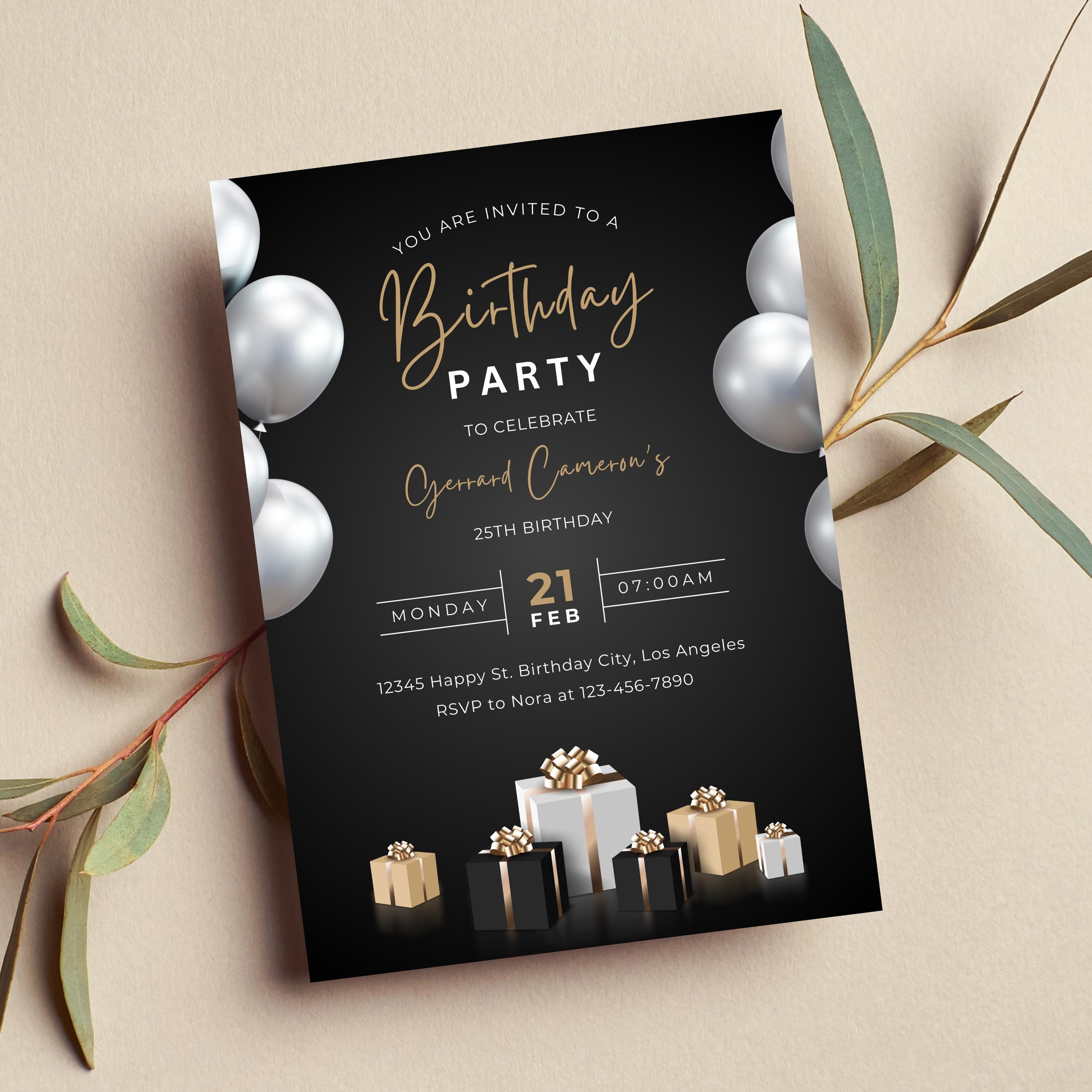 Editable Black Silver Gold Birthday Invitation, Printable Black and ...