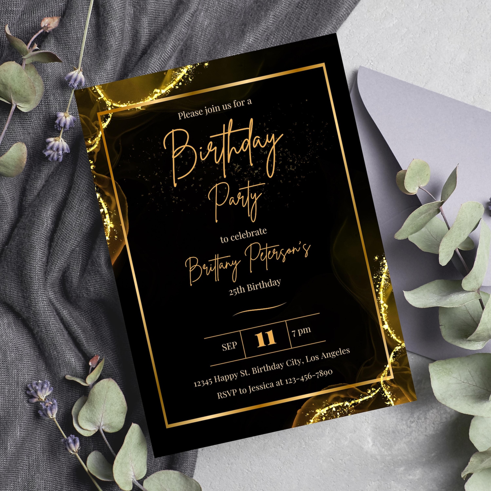 Editable Black and Gold Birthday Invitation, Printable Gold Glitter ...