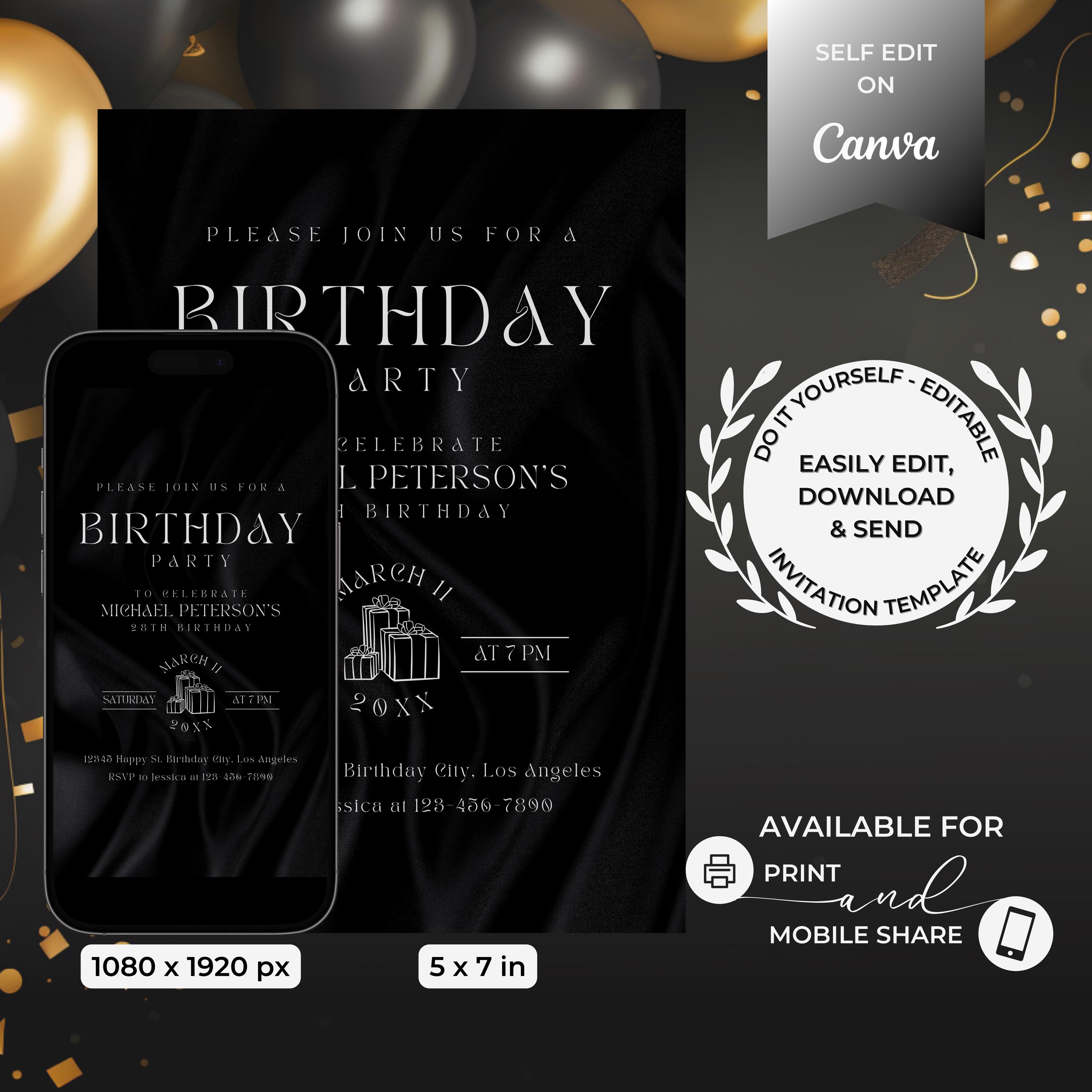 Editable All Black Birthday Invitation for Men, Printable Black and ...