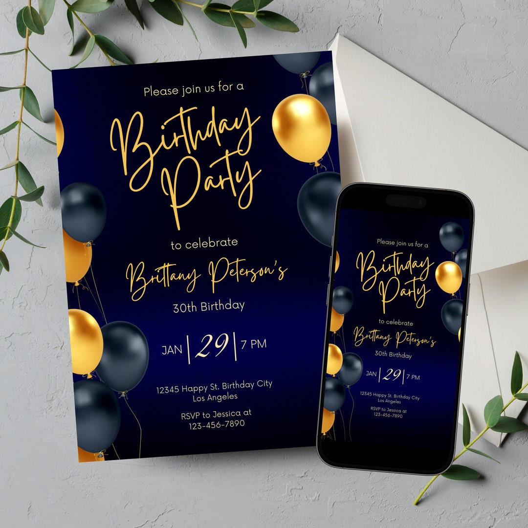 Editable Blue and Gold Birthday Invitation for Men, Printable Navy Blue ...