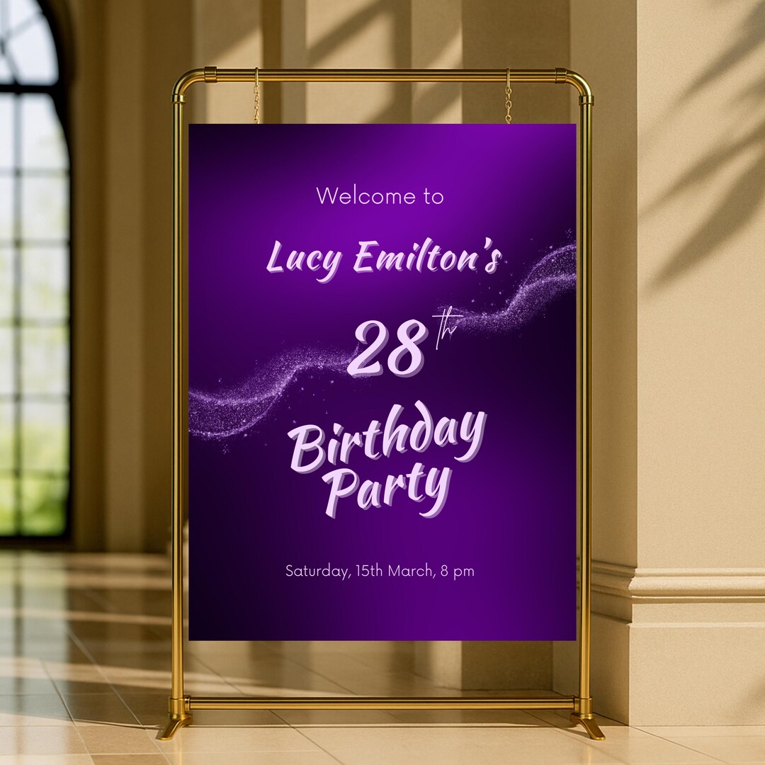 Editable Purple Sparkle Birthday Welcome Sign, Printable All Purple ...