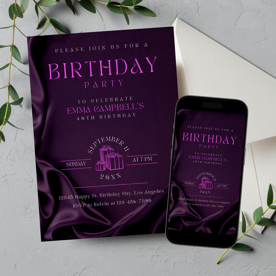 Editable Purple Birthday Invitation for Women, Printable Shades of ...