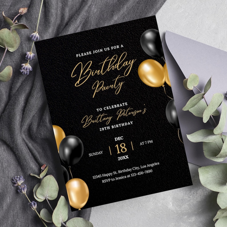 Editable Black and Gold Birthday Invitation for Adults, Elegant Black ...