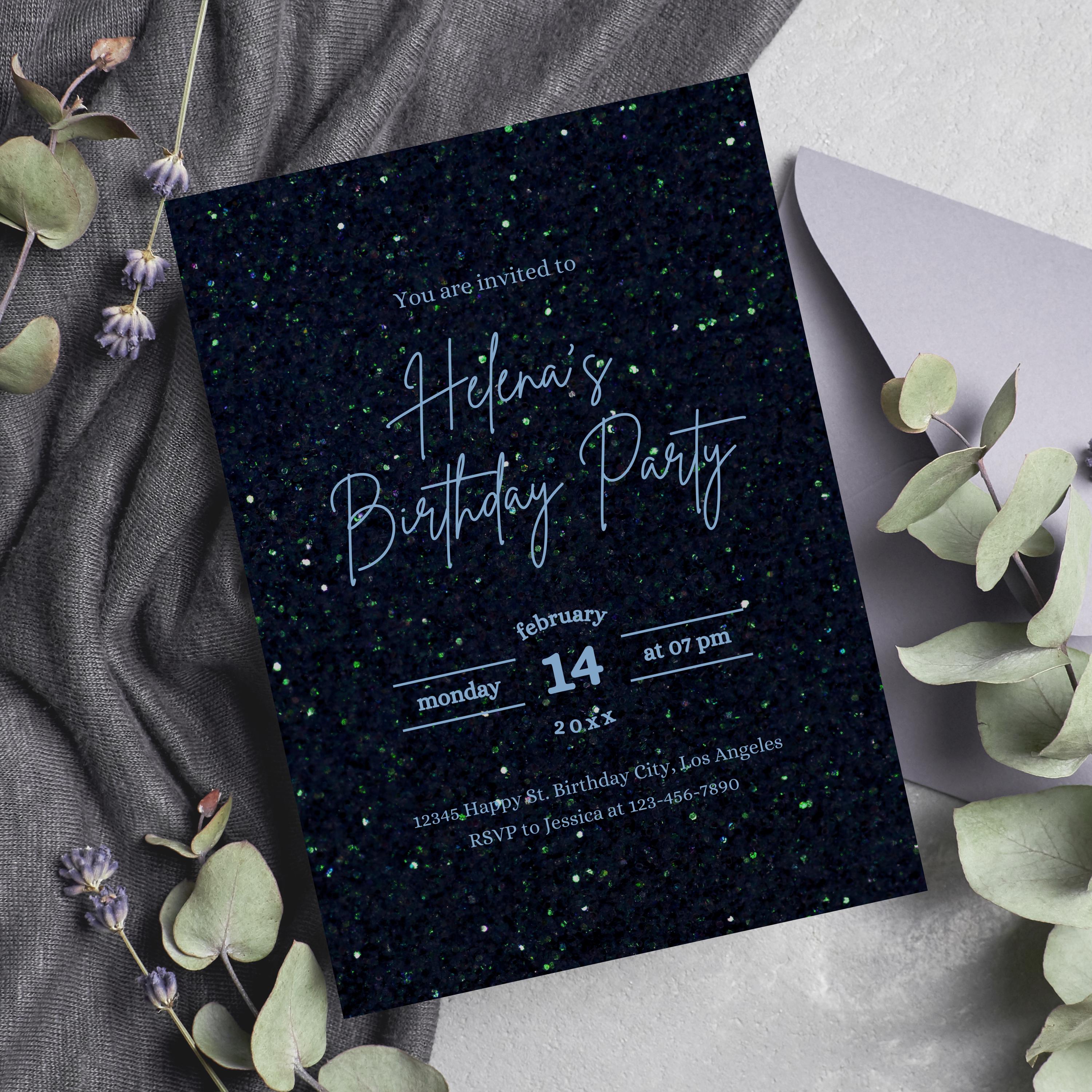 Editable Midnight Blue Birthday Invitation for Women, Feminine Navy ...