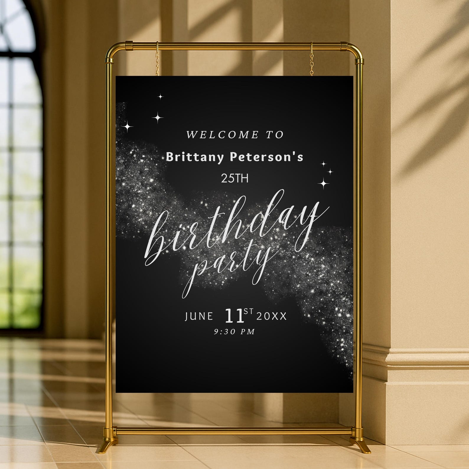 Editable Starry Night Welcome Sign, Printable Black and Silver Birthday ...