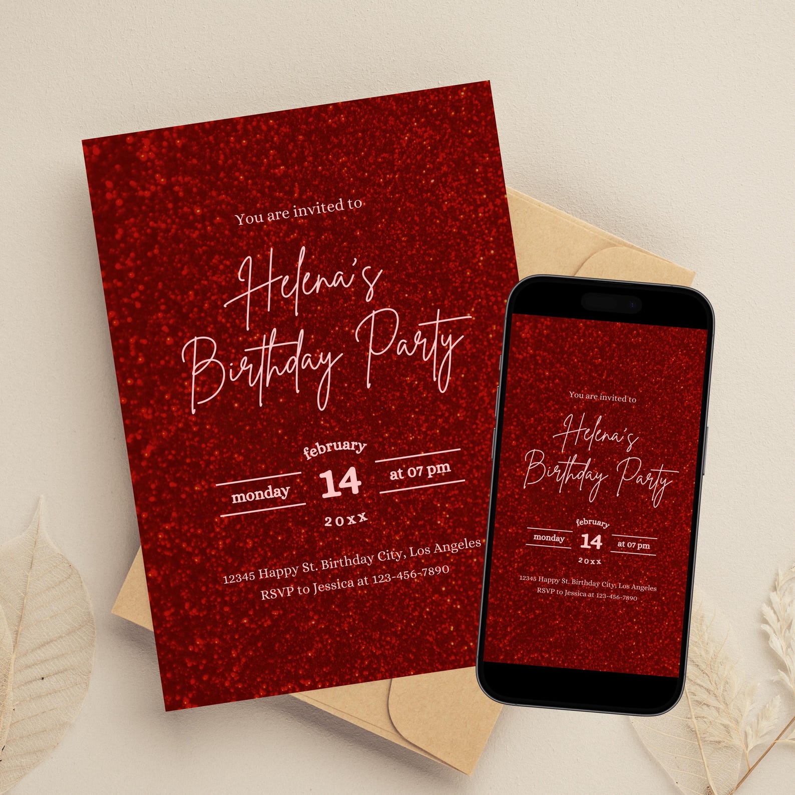 Editable All Red Birthday Invitation for Women, Feminine Ruby Red ...