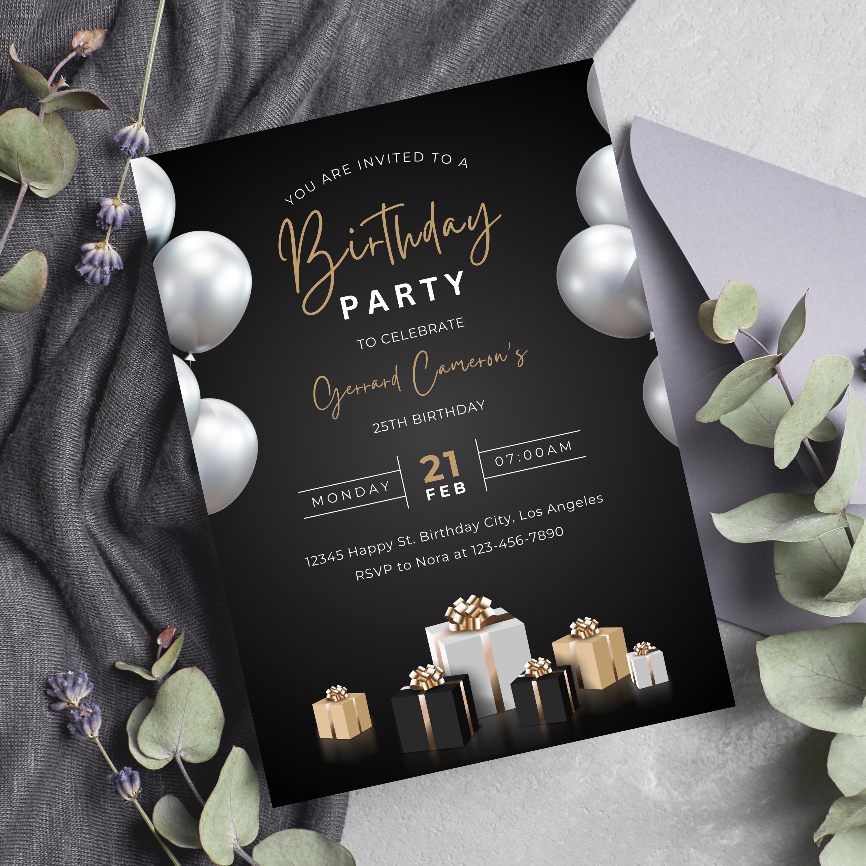 Editable Black Silver Gold Birthday Invitation, Printable Black and ...